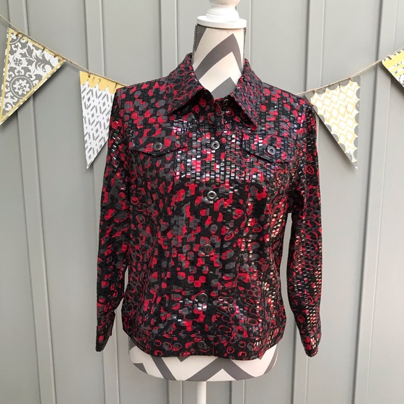 Ruby Rd. | Jackets & Coats | Ruby Rd Black Red Gray Animal Print Shiny ...